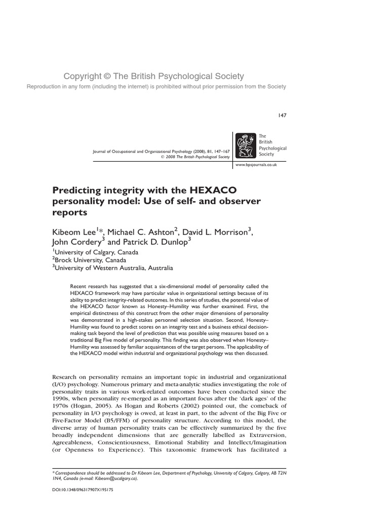 Predicting Integrity With The HEXACO Personality Model - Use of Self ...