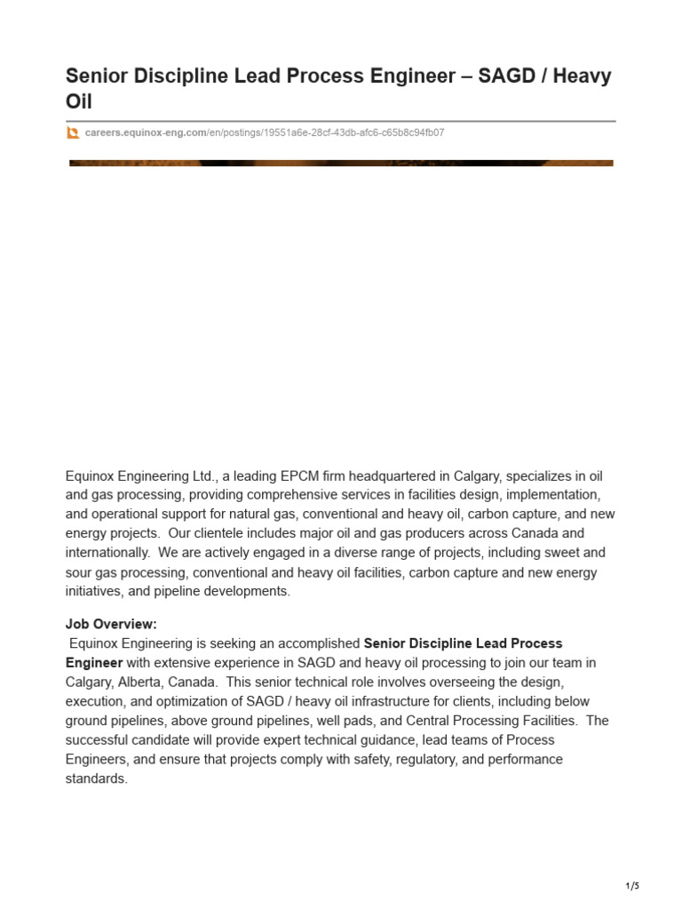 Senior Discipline Lead Process Engineer SAGD Heavy Oil | PDF ...