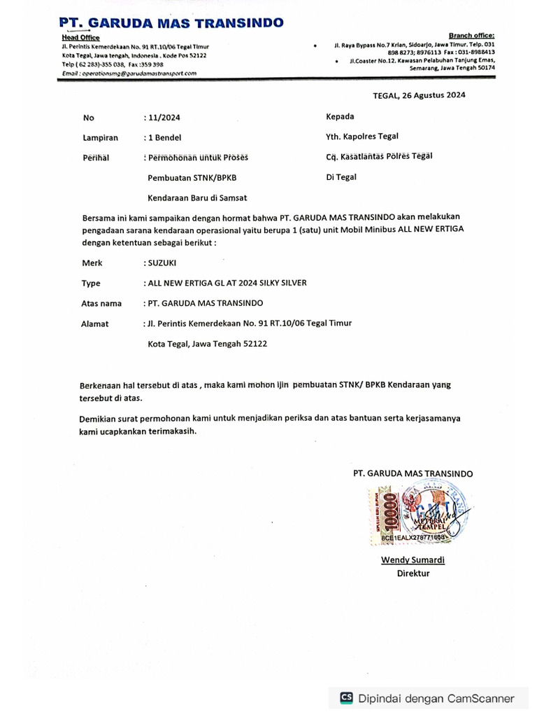 Surat Permohonan Untuk STNK Dan BPKB Atas Nama PT | PDF