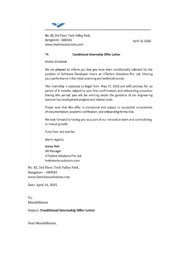 Internship Offer Letter Muralidharan FULL | PDF