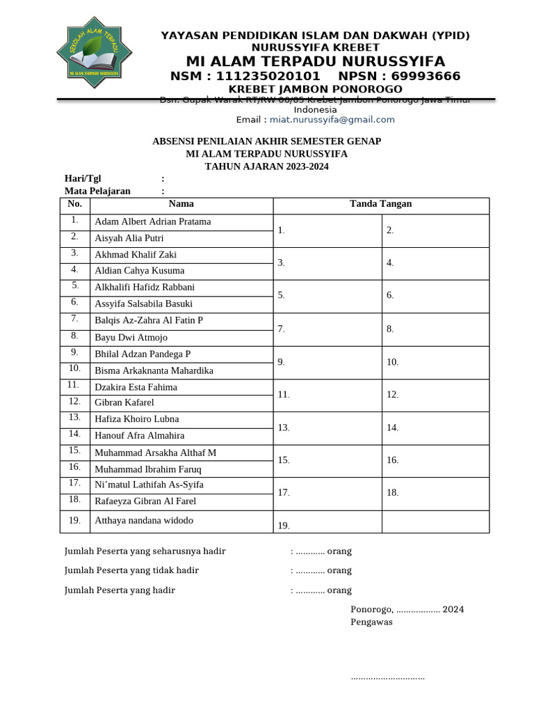 Absensi Penilaian Akhir Semester Genap | PDF