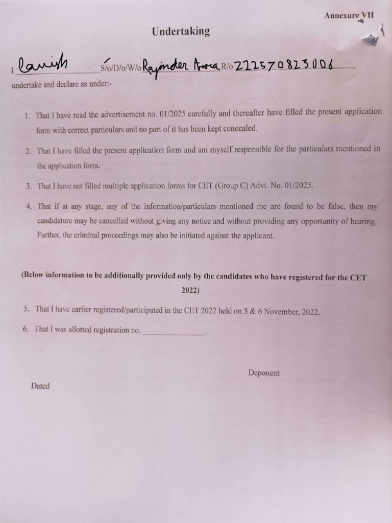 CET 2025 Application Undertaking Form | PDF