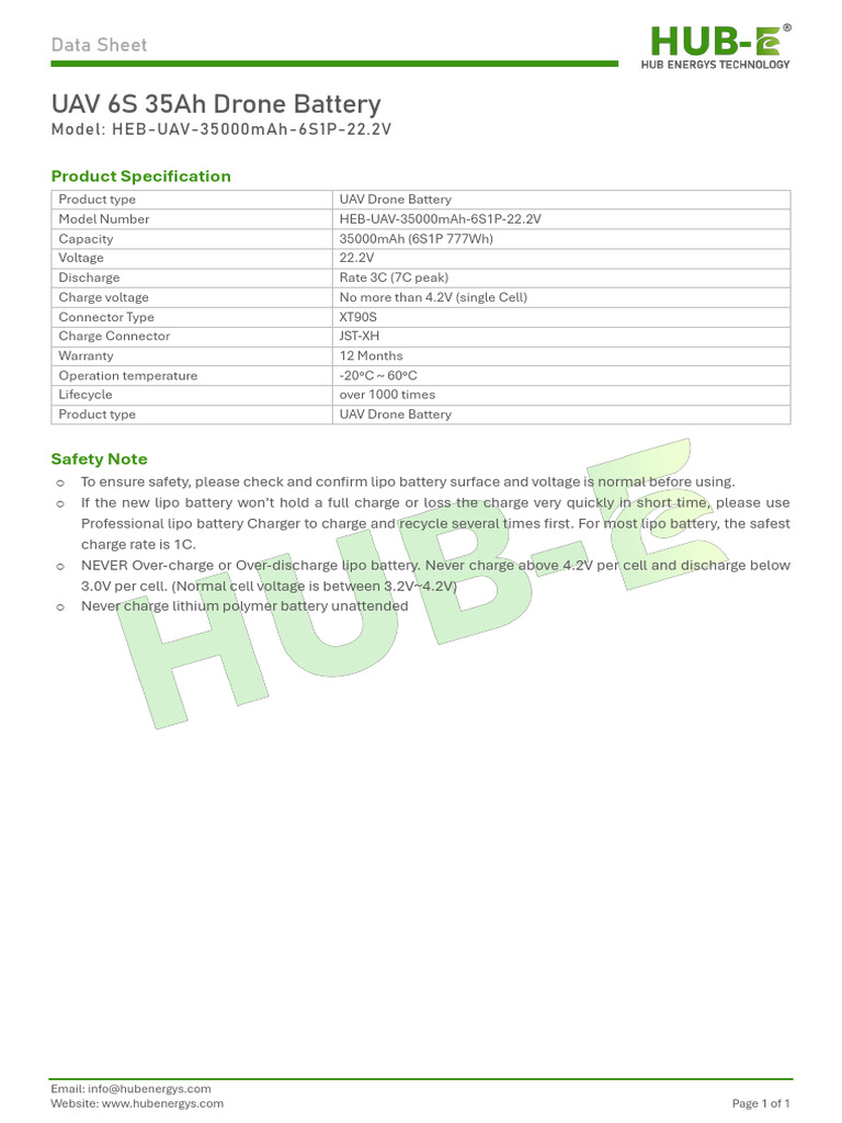 UAV 6S 35Ah Drone Battery Specs | PDF
