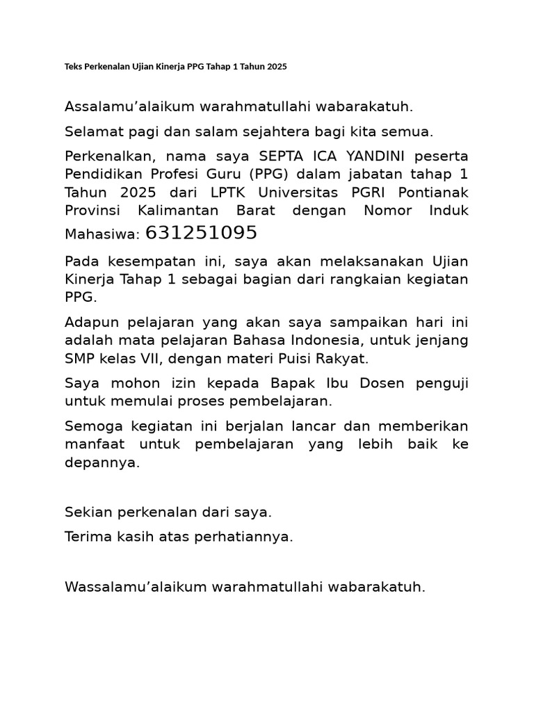 Teks Perkenalan Ujian Kinerja PPG Tahap 1 Tahun 2025 | PDF