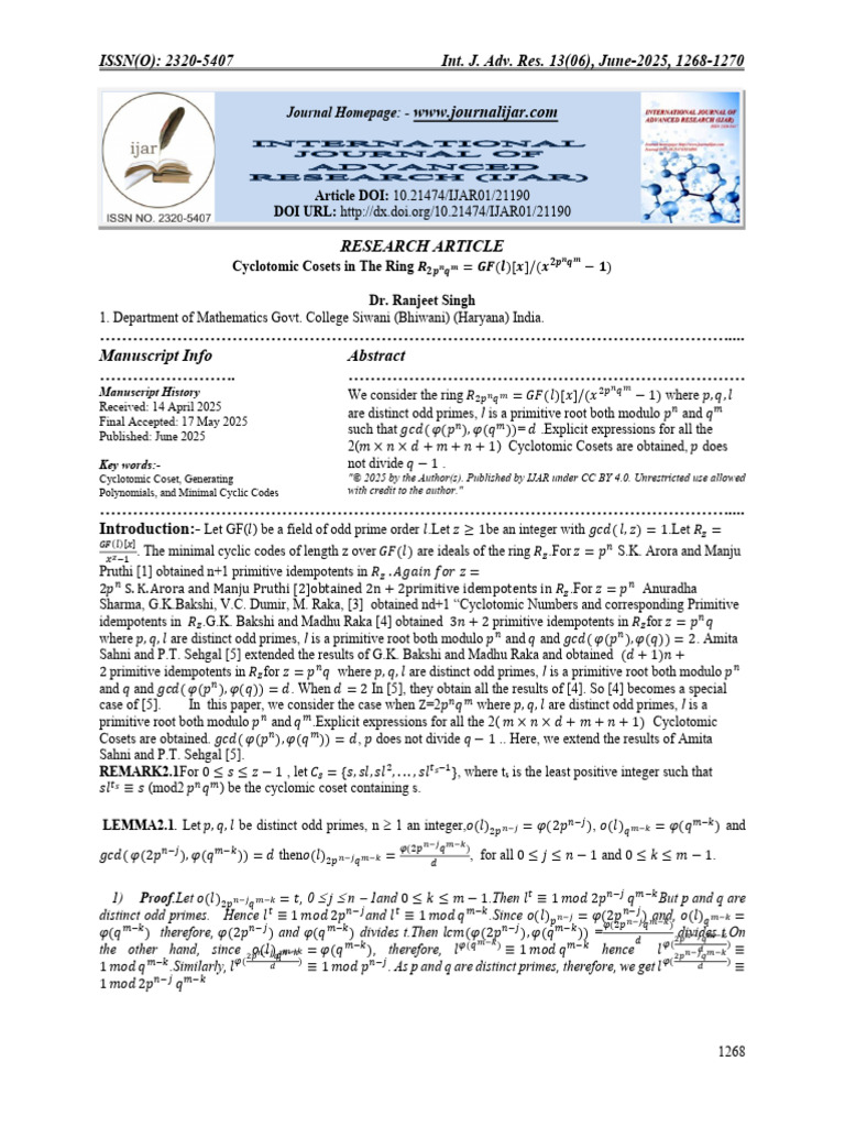 Cyclotomic Cosets in The Ring | PDF | Prime Number | Abstract Algebra