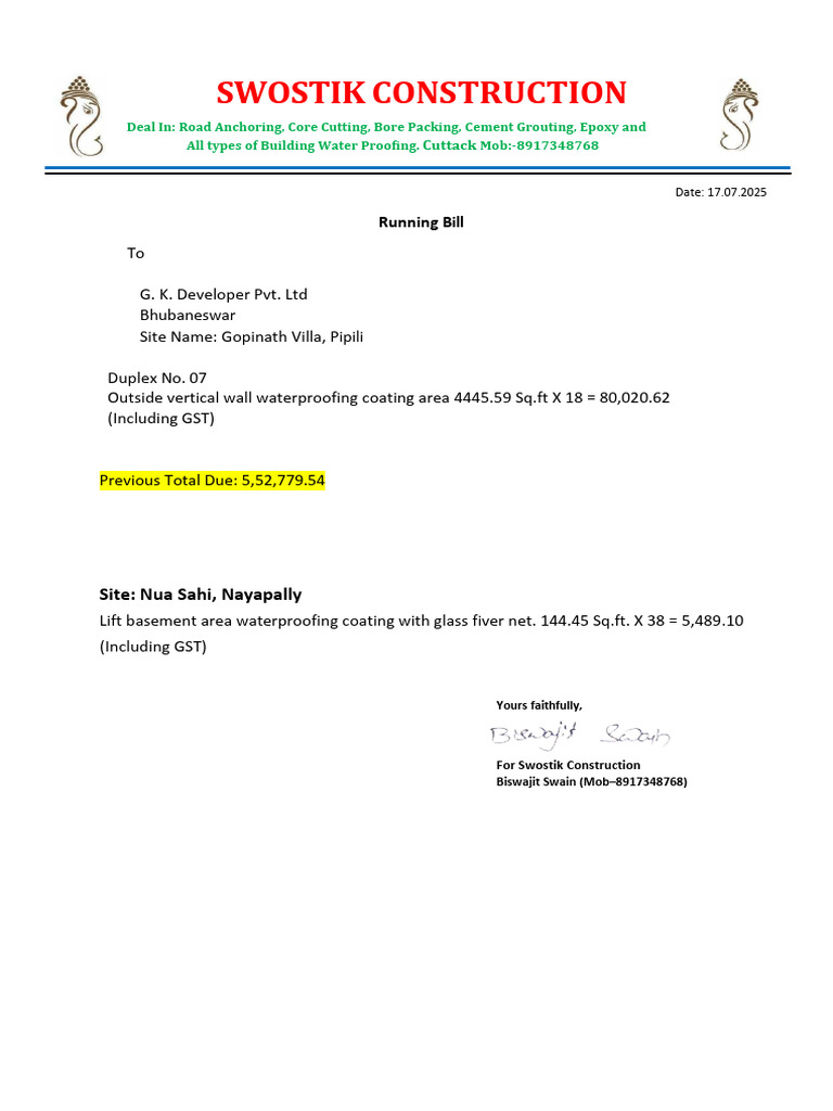 Swostik Construction: Site: Nua Sahi, Nayapally | PDF