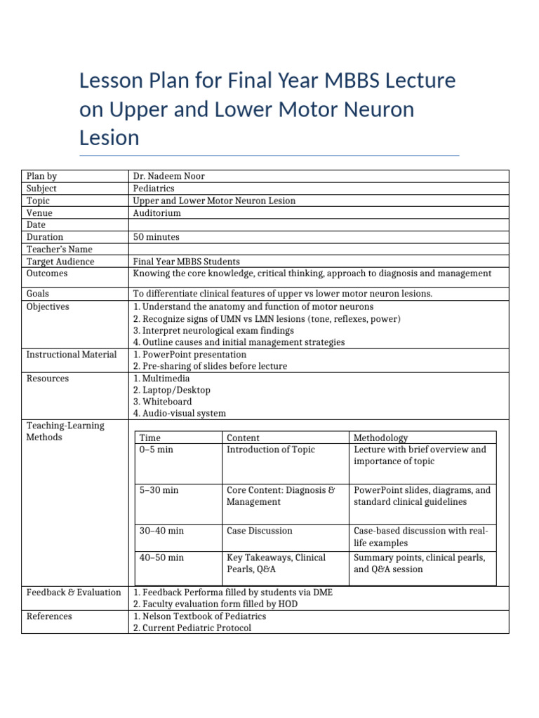 Lesson Plan Upper and Lower Motor Neuron Lesion | PDF