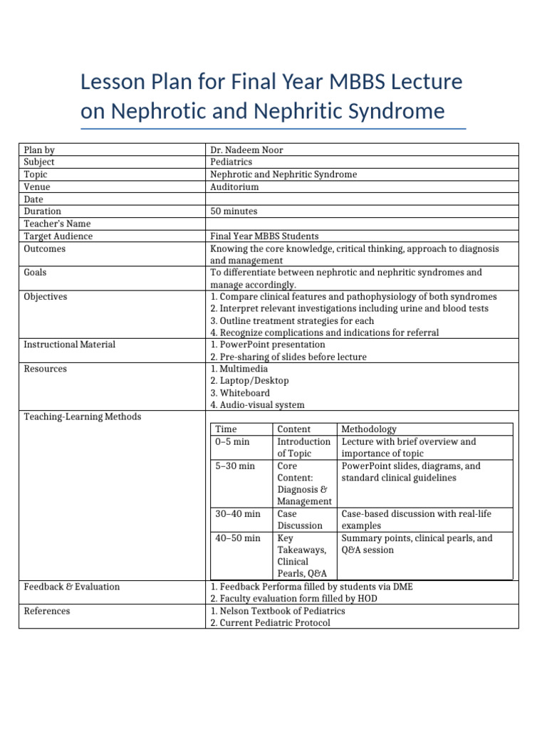 Lesson Plan Nephrotic and Nephritic Syndrome | PDF | Lecture | Learning