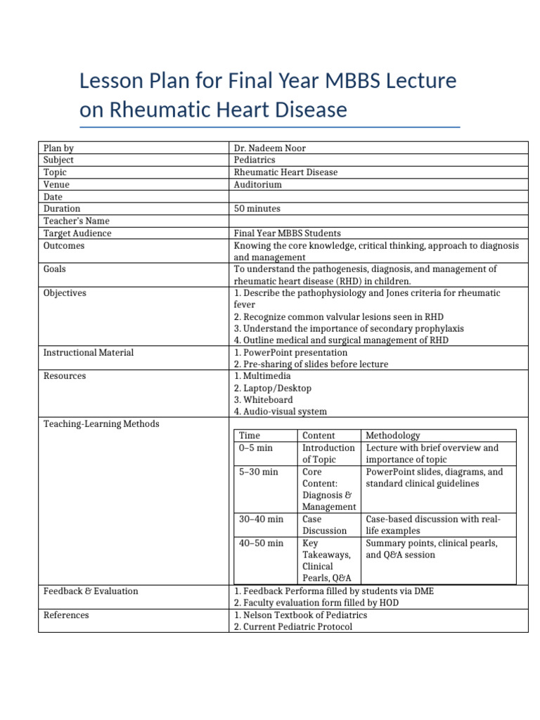 Lesson Plan Rheumatic Heart Disease | PDF | Learning | Medicine