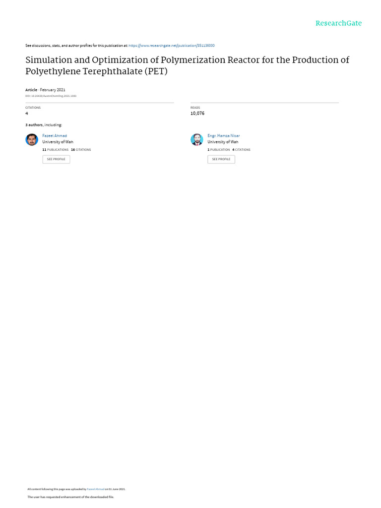 Simulation and Op Tim Ization of Polymerization Reactor | PDF | Polyester | Polymers