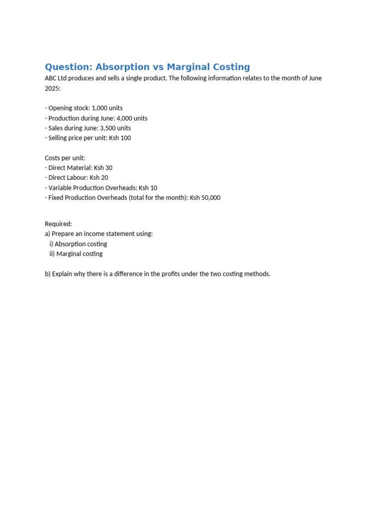 Absorption Vs Marginal Costing - Question | PDF