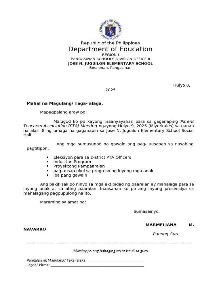 Letter For PTA Meeting | PDF