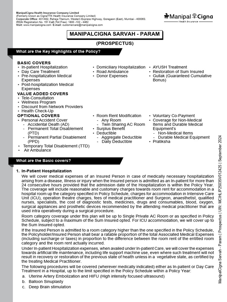 Sarvah Param Prospectus | PDF | Deductible | Insurance