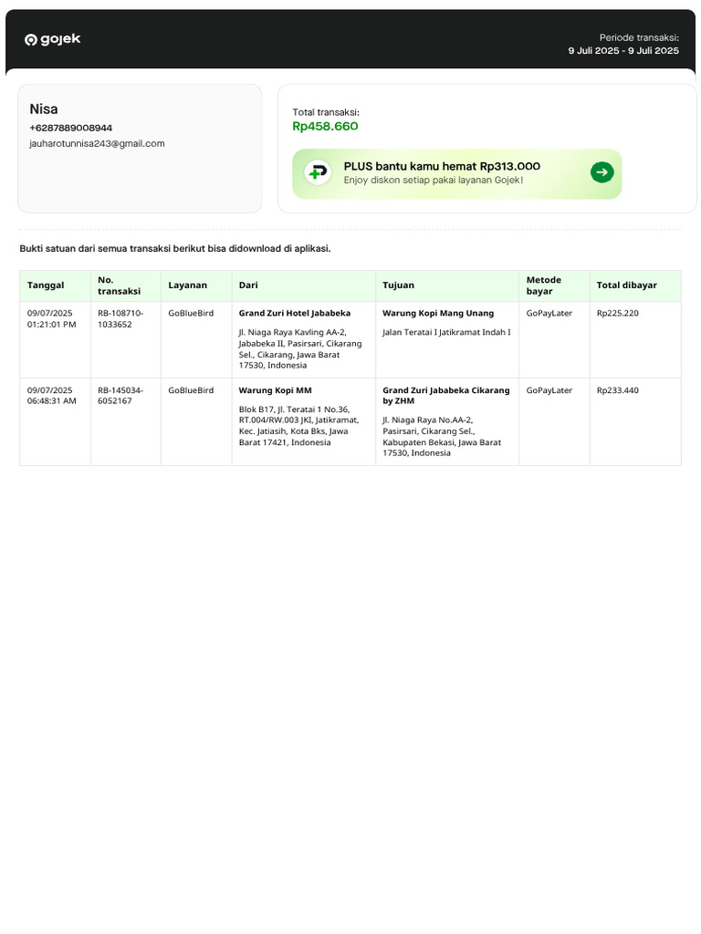 Riwayat Transaksi Gojek 090725-090725 | PDF