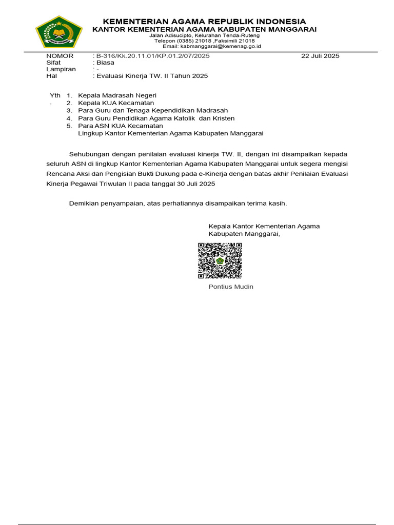 Surat Dinas Evaluasi Kinerja Tw. II Tahun 2025 | PDF