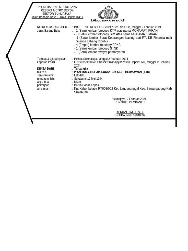 Contoh Label Barang Bukti Polri | PDF