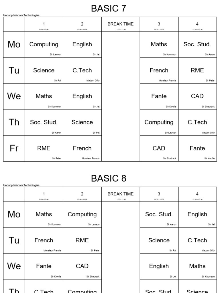 Vacation Classes - Timetable | PDF