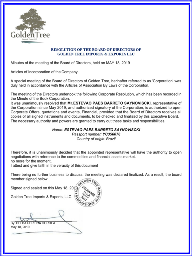 Board Resolution For Estevao | PDF