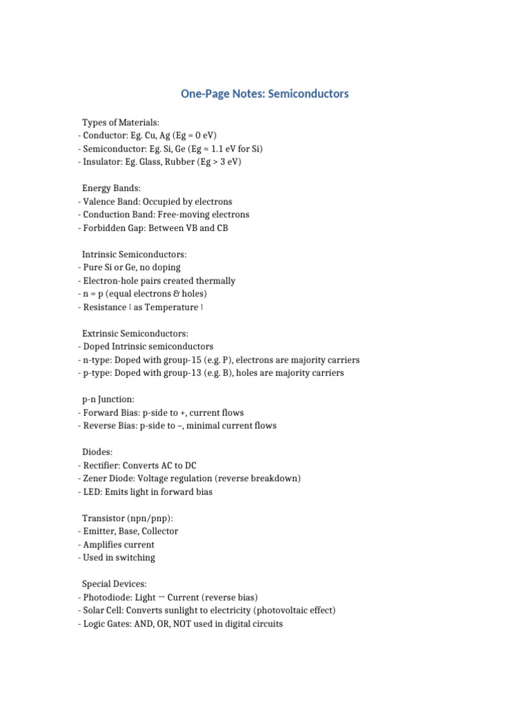 Semiconductors One Page Notes | PDF
