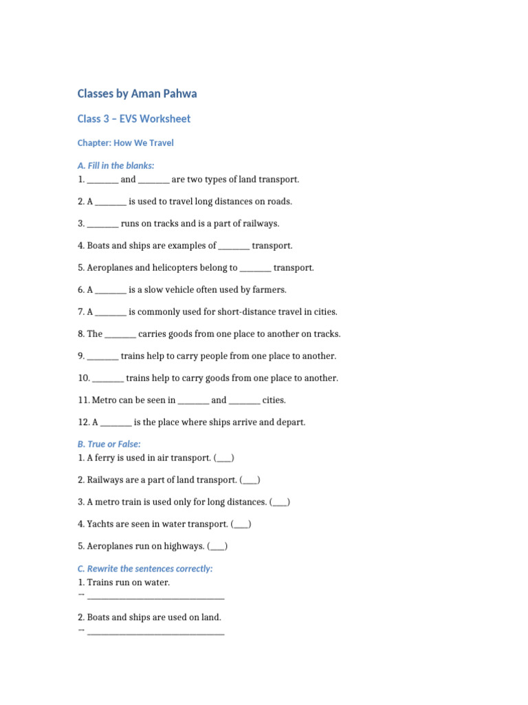 Class 3 EVS: How We Travel Worksheet | PDF | Transport | Train