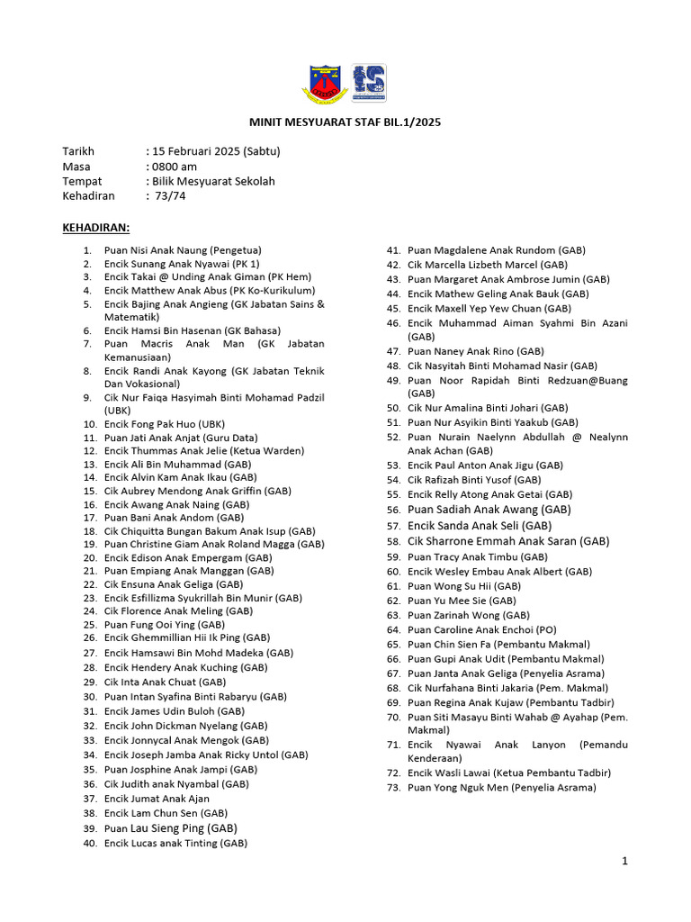 Minit Mesyuarat PBD Bil 1 2025 | PDF