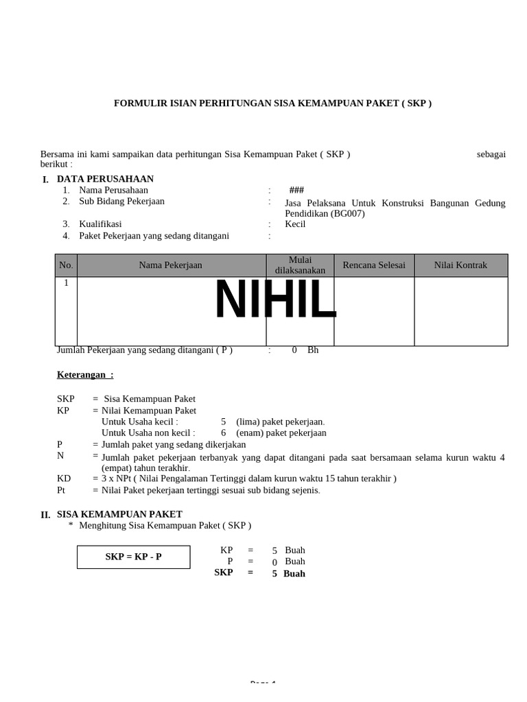 Nihil: Formulir Isian Perhitungan Sisa Kemampuan Paket (SKP) | PDF