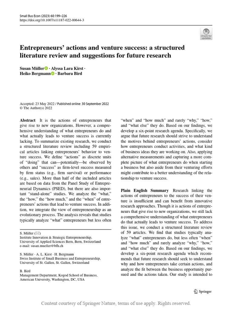 Entrepreneurs Actions and Venture Success A Struc | PDF ...