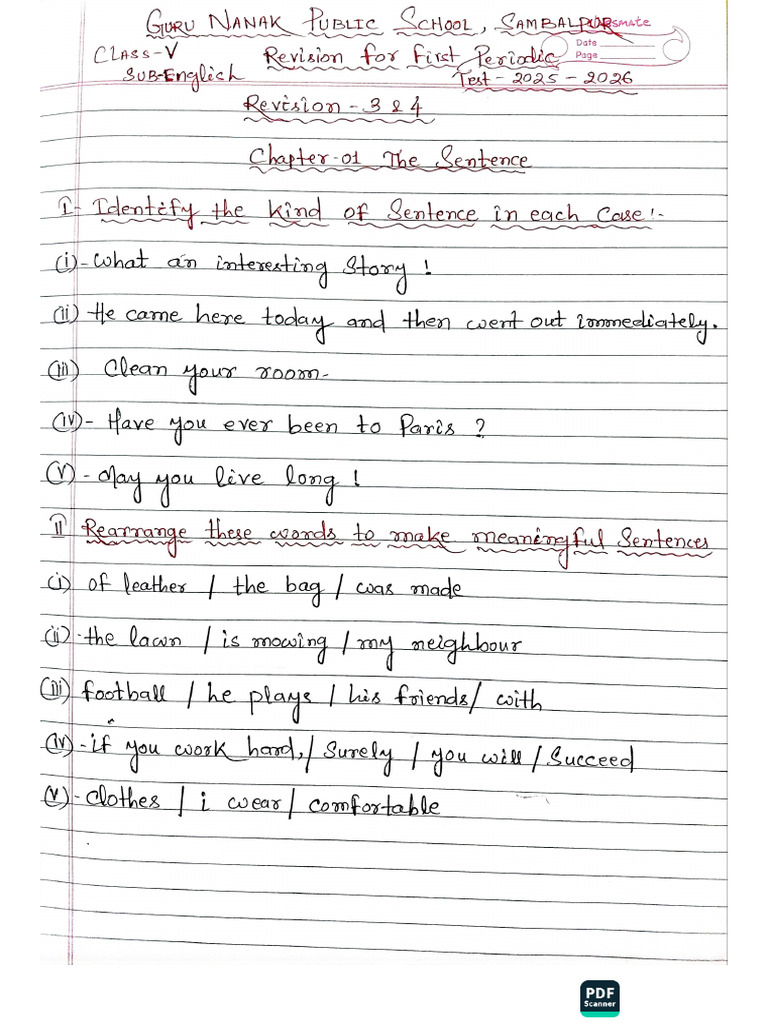 CLASS-V ENGLISH Revision For 1st Periodic Test-2025-26.Revision 3,4. | PDF