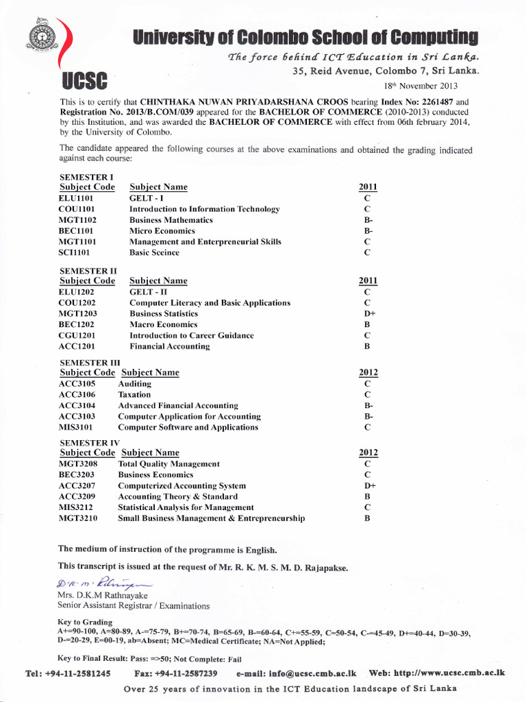 UNIVERSITY OF COLOMBO MARKLIST | PDF