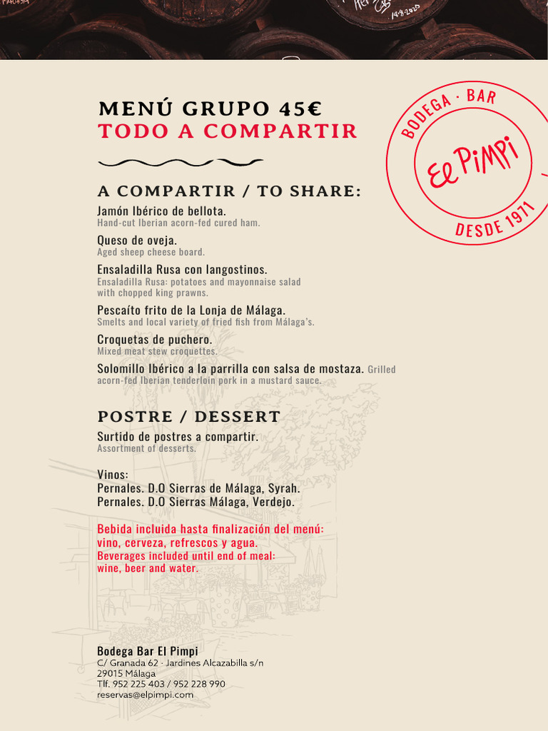 Menu Grupo El Pimpi 2025 | PDF | Alimentos | Cocinando