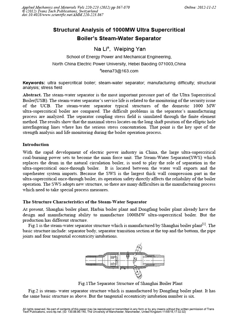 Structural Analysis of 1000MW Ultra Supercritical Boiler's Steam-Water Separator (Li, Na Yan ...