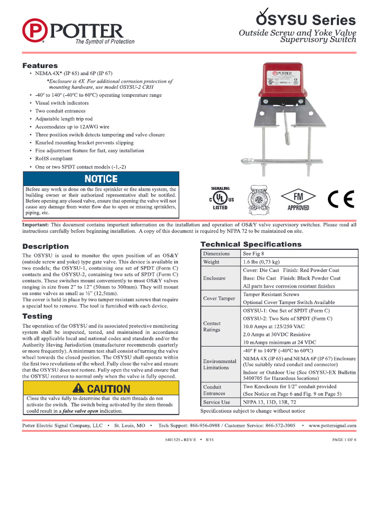Supervisory Switch-Potter Data Sheet & Certificate | PDF | Valve | Gas Technologies