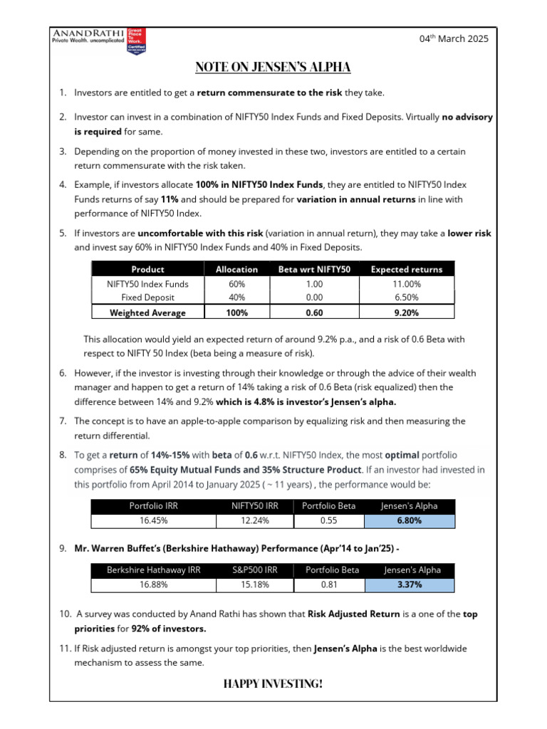 Note On Jensen's Alpha - V2 | PDF | Beta (Finance) | Sharpe Ratio