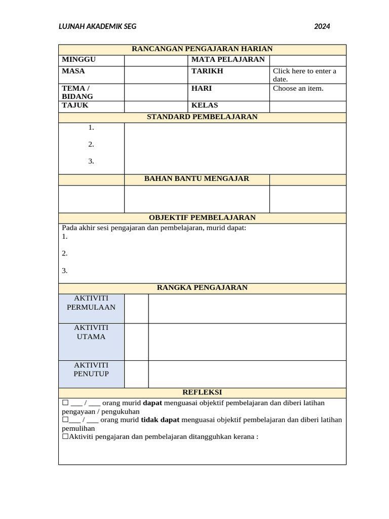 RPH Template Akademik Menengah.2024 | PDF