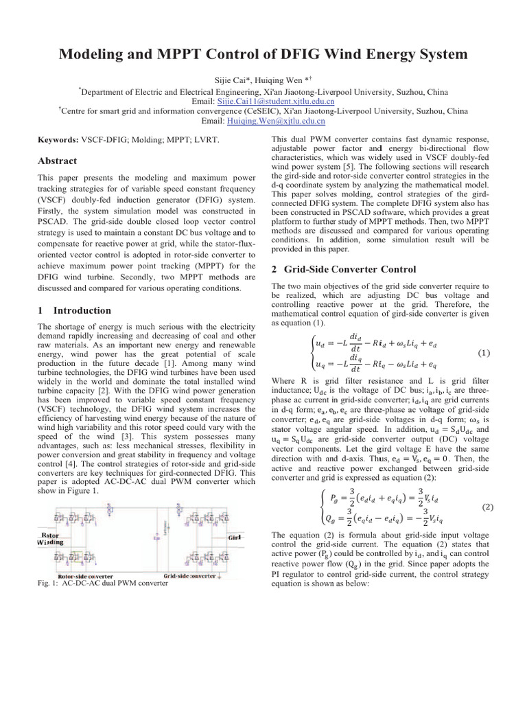 Modeling and MPPT Control of DFIG WInd Energy System | PDF | Turbine | Power (Physics)