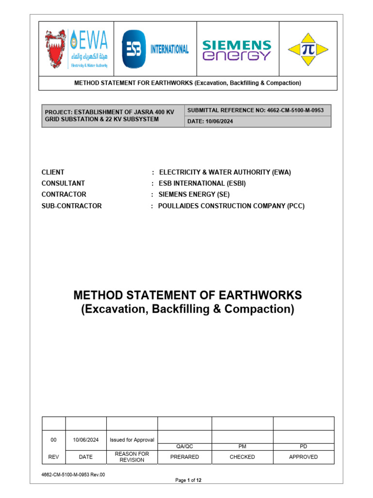 Method Statement of Earthworks (Excavation, Backfilling & Compaction) | PDF