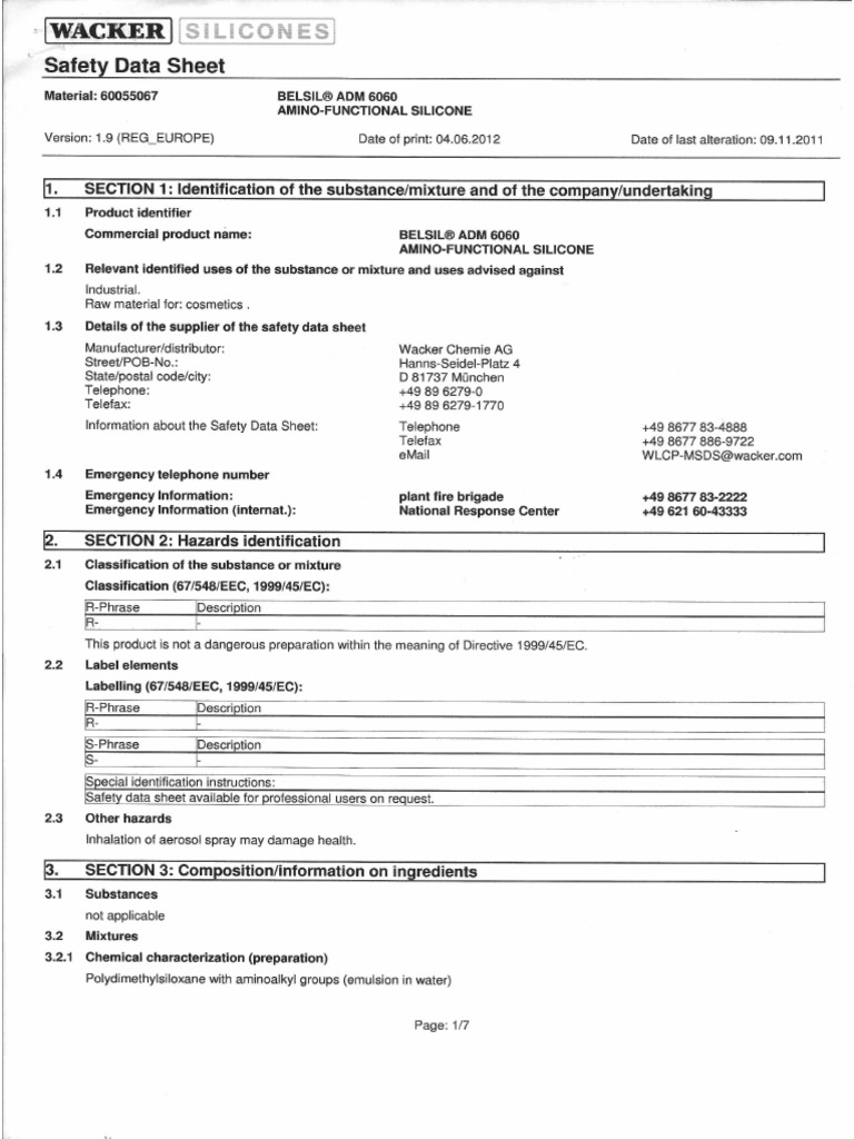 Msds Wacker Belsil Adm 6060 | PDF
