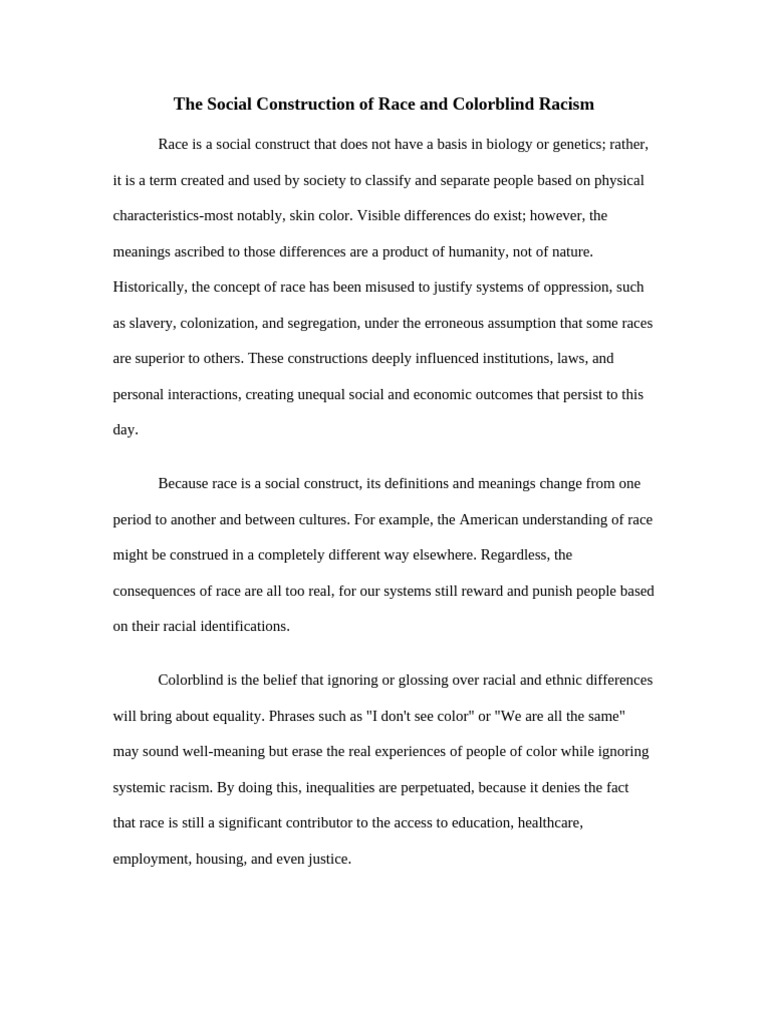 Social Construction of Race and Colorblind Racism | PDF