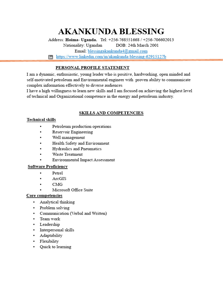 Akankunda Blessing Cv-2025 | PDF | Petroleum