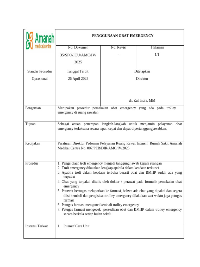 Prosedur Penggunaan Obat Emergency ICU | PDF