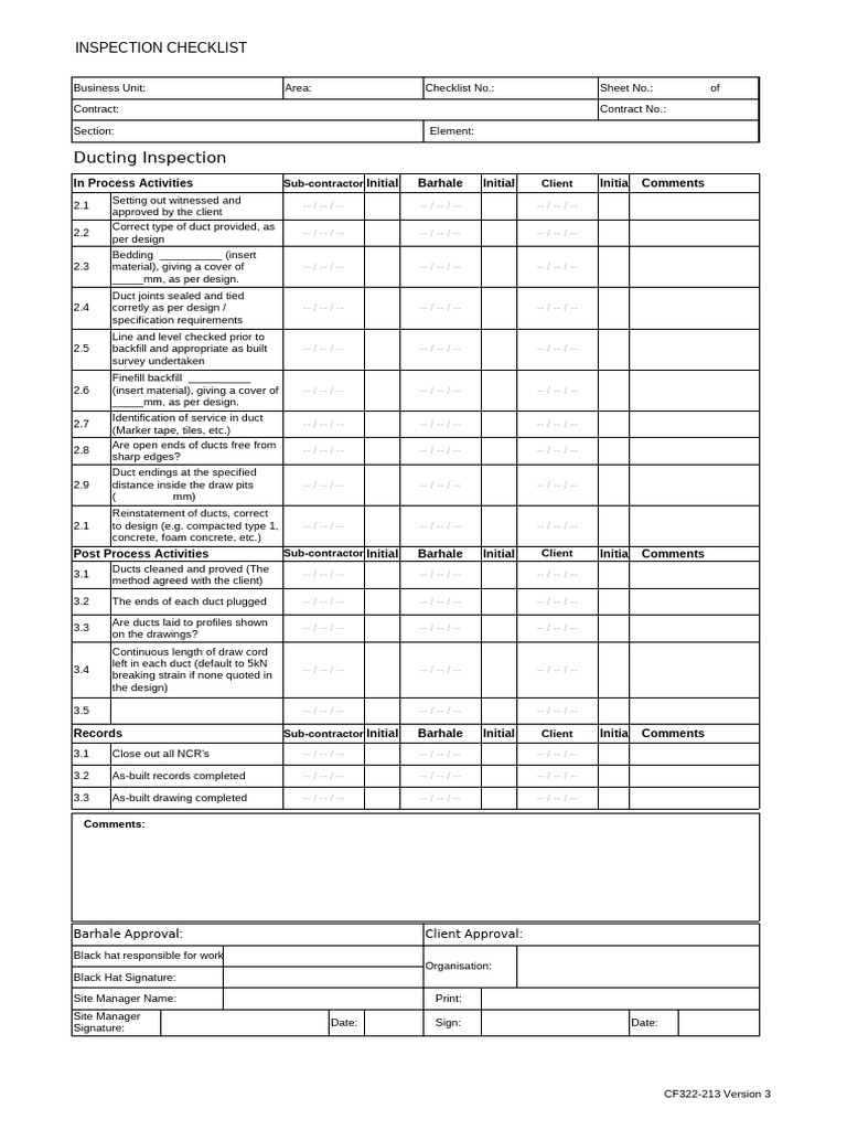 CF322-213 Checklist - Ducting Inspection | PDF | Duct (Flow)
