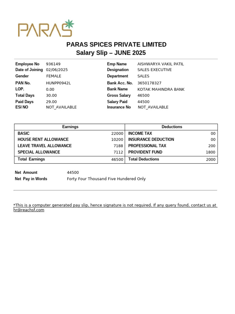 Aasiys June Pay Slip Paras | PDF