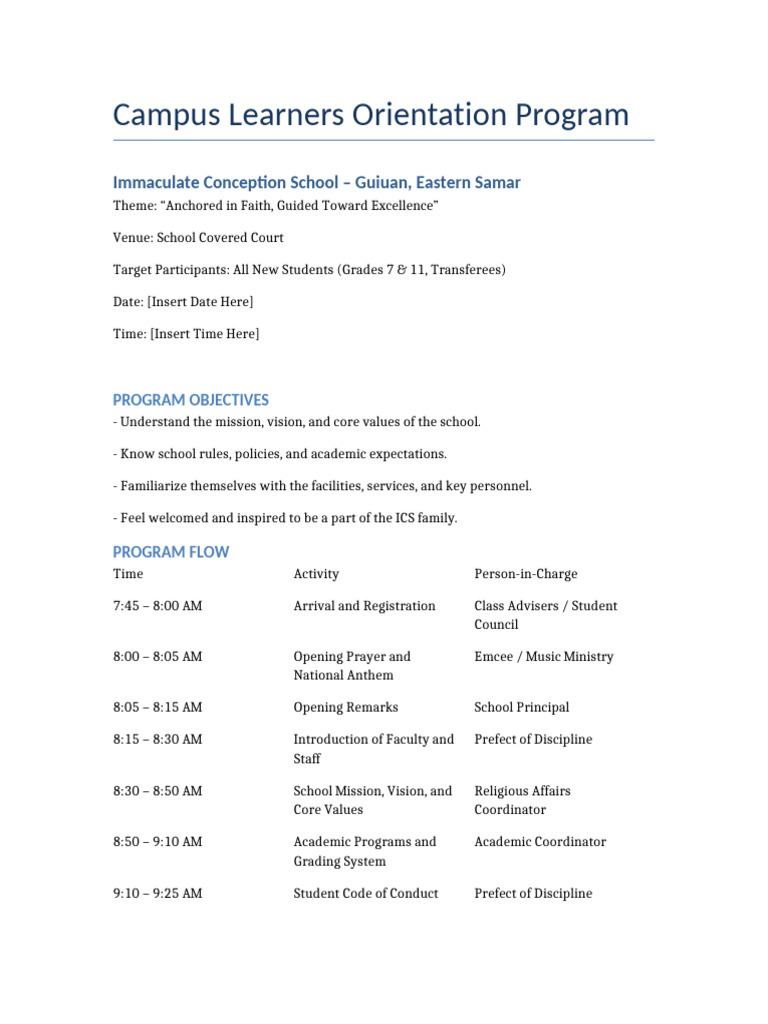 ICS Learners Orientation Program SY2025-2026 | PDF