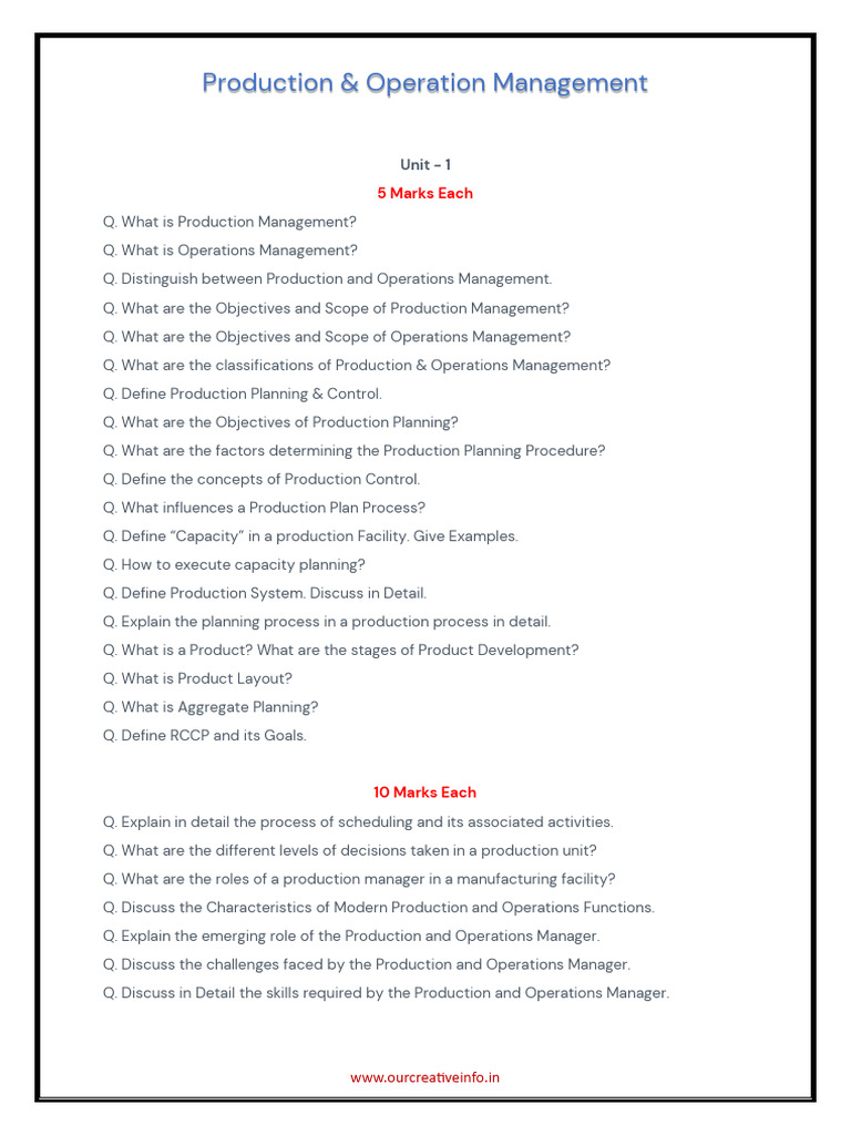 Production and Operation Management Question Bank | PDF | Operations ...