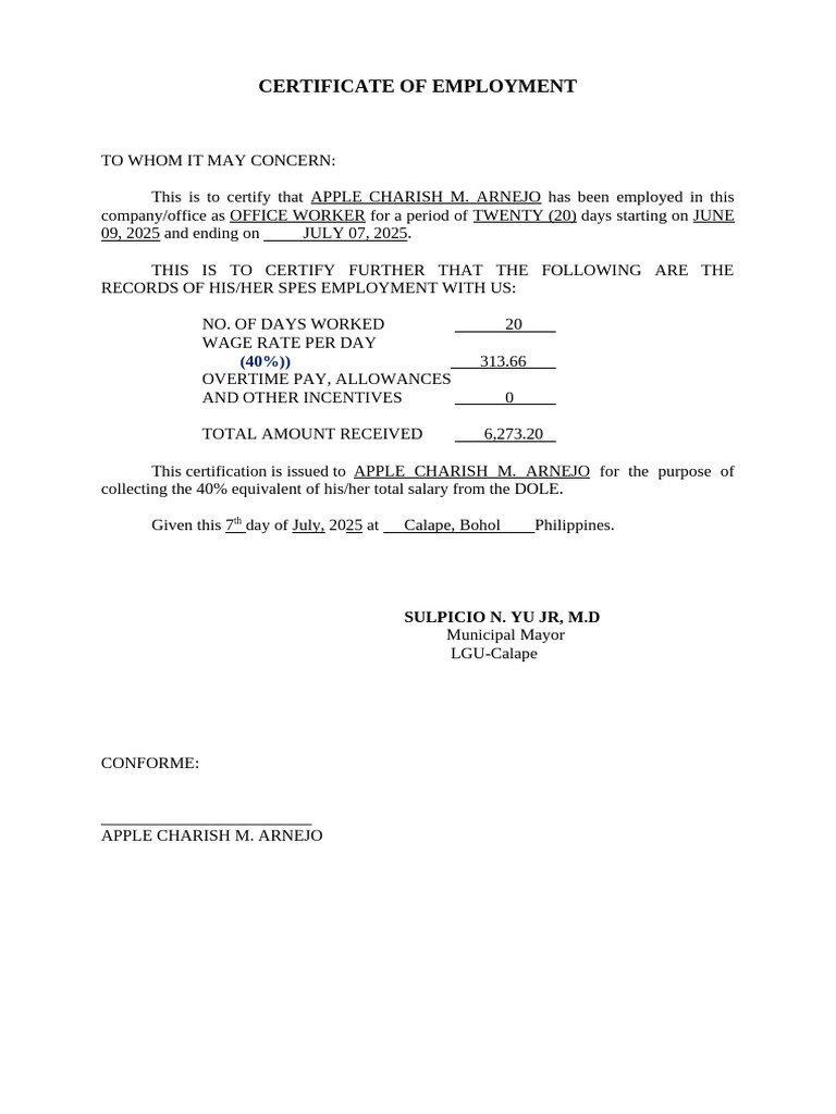Certificate of Employment | PDF | Overtime | Salary