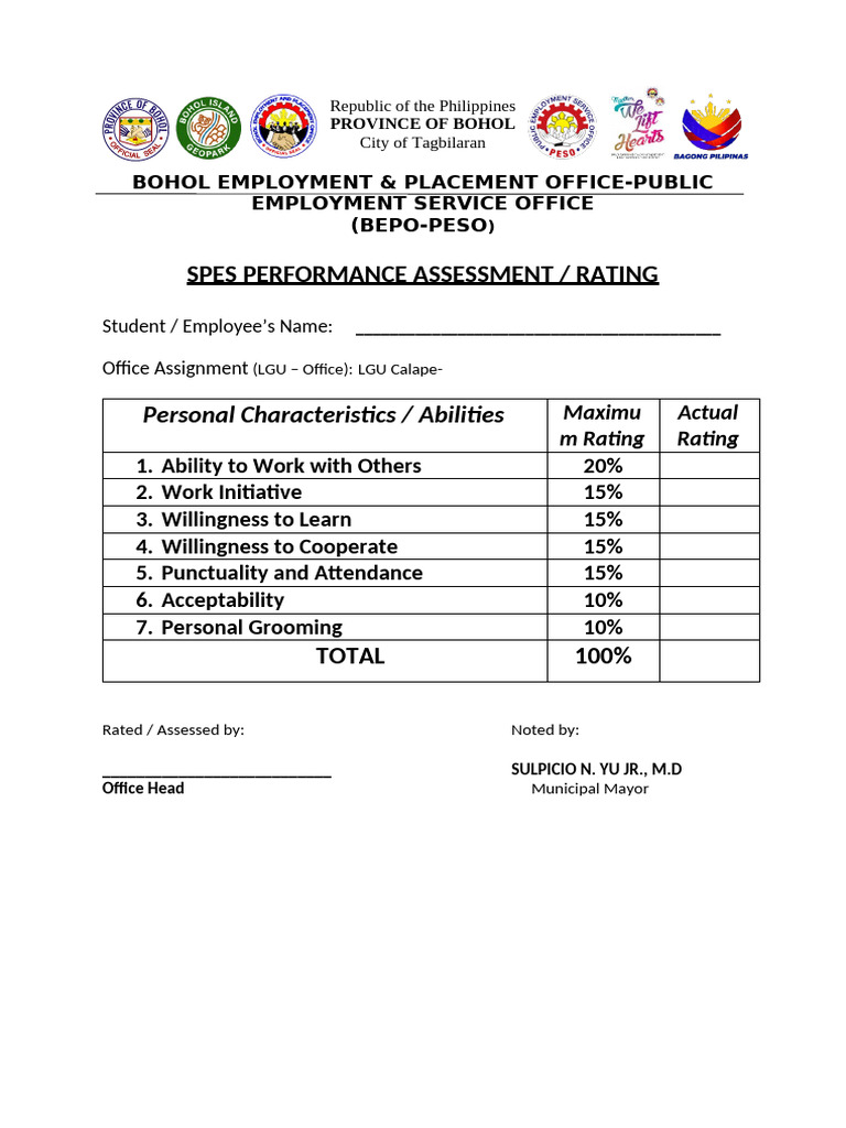 Bohol SPES Performance Assessment Form | PDF