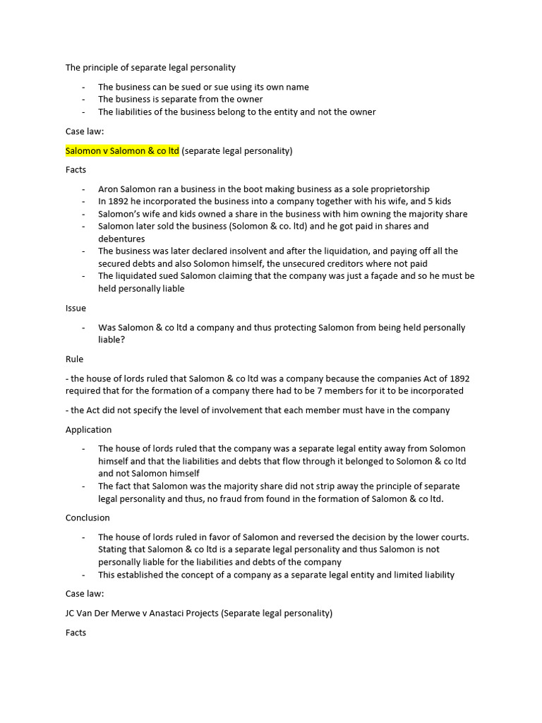 The Principle of Separate Legal Personality | PDF | Sole Proprietorship ...