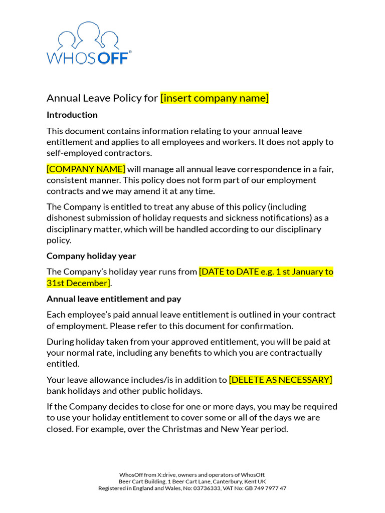 Annual Leave Policy Template | PDF | Sick Leave | Annual Leave