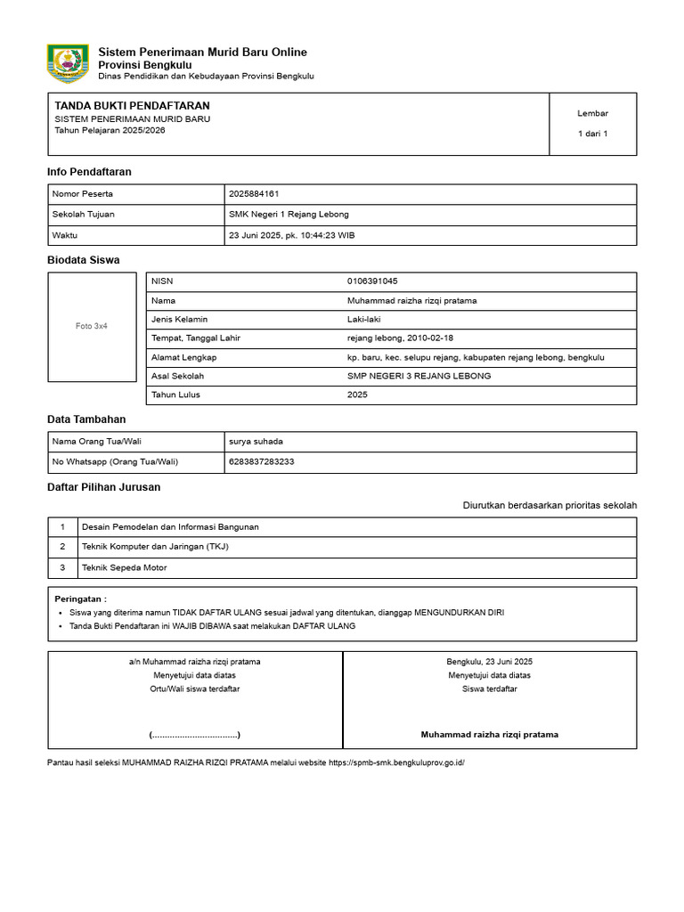 Kartu Pendaftaran - Muhammad Raizha Rizqi Pratama | PDF