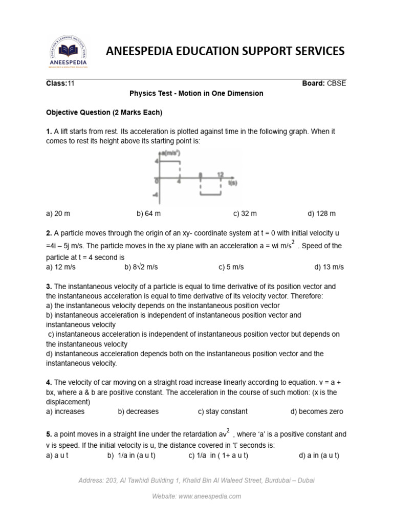 11th CBSE Physics Test (Motion in One Dimension) | PDF | Acceleration ...
